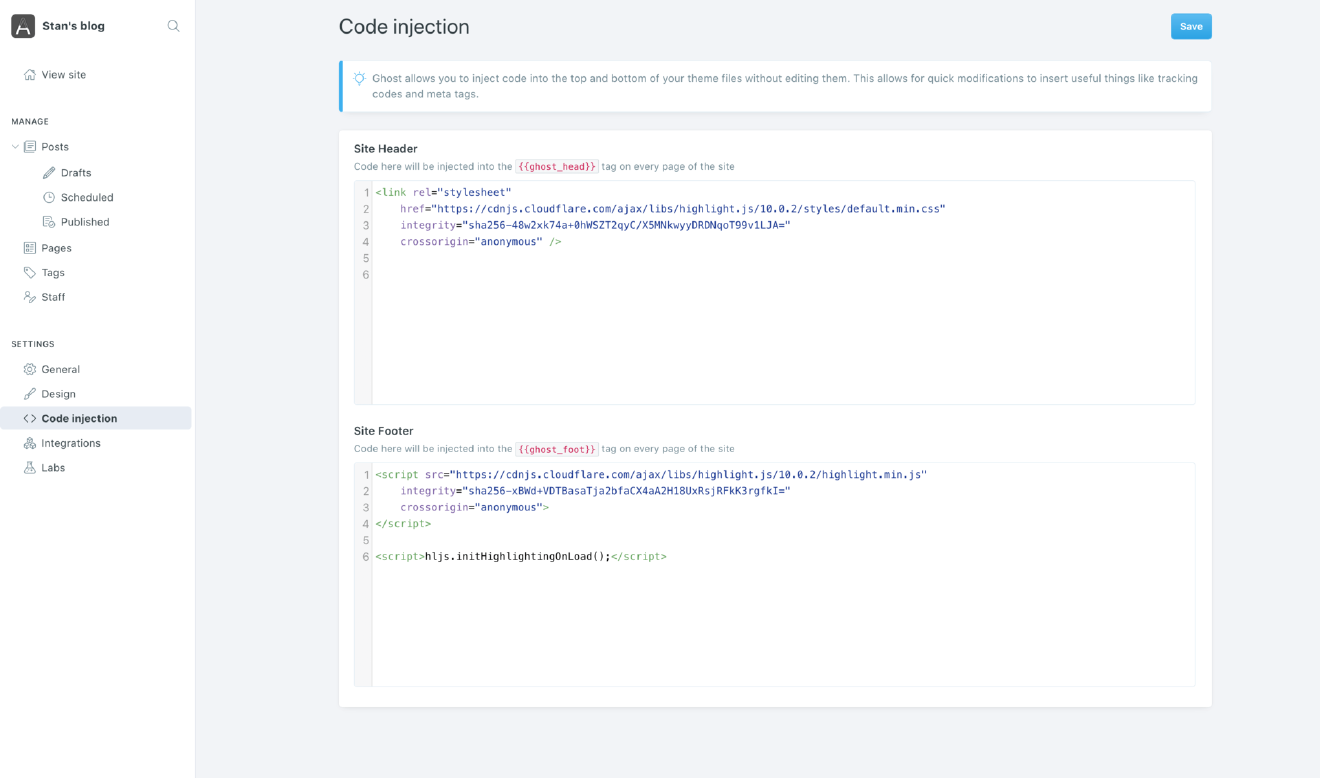 Adding syntax highlighting to Ghost with highlight.js · Stan's blog